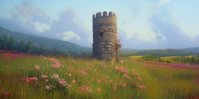 Oil painting of a stone castle watchtower in a beautiful meadow Feild ...