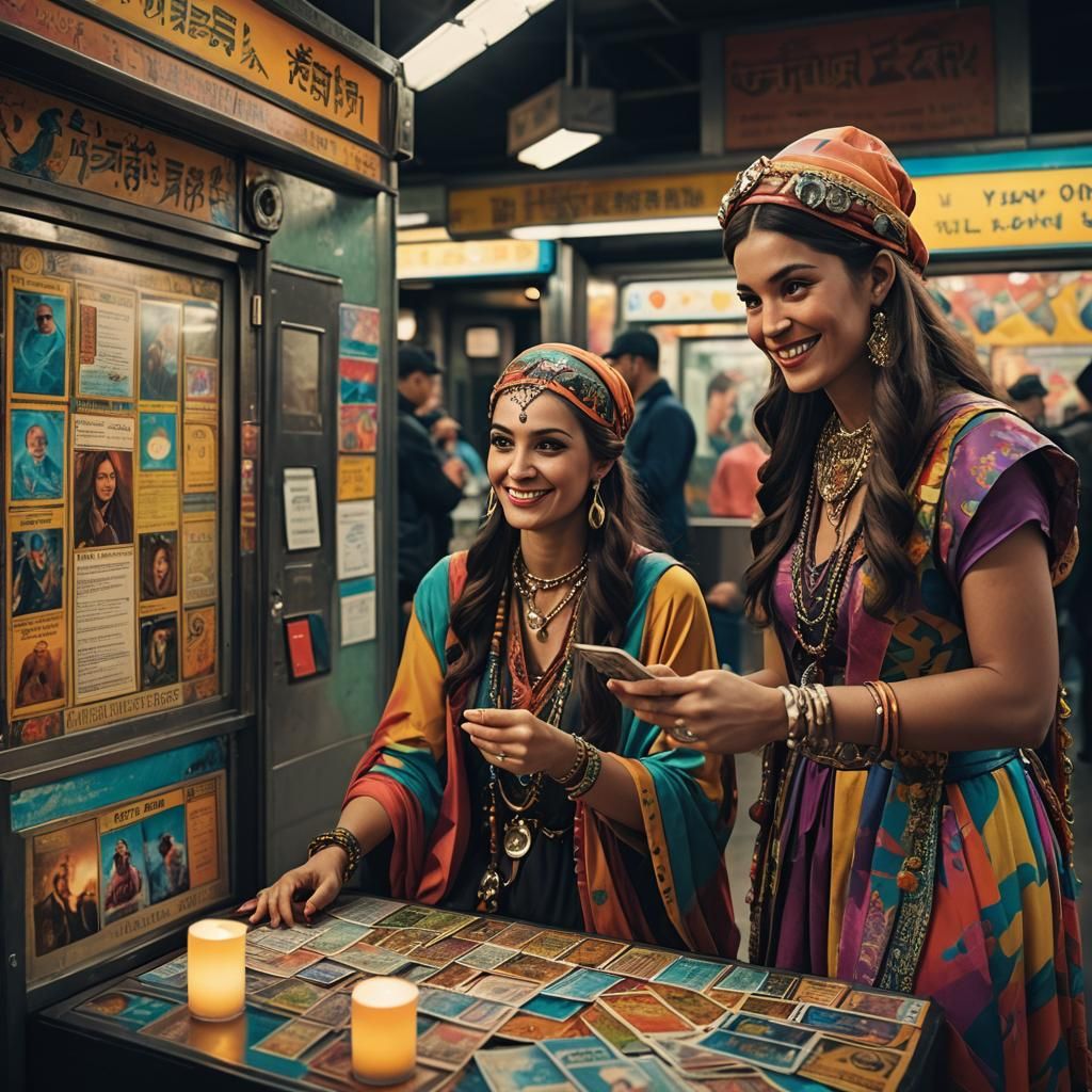 A beautiful young female fortune teller in a colorful outfit with a ...