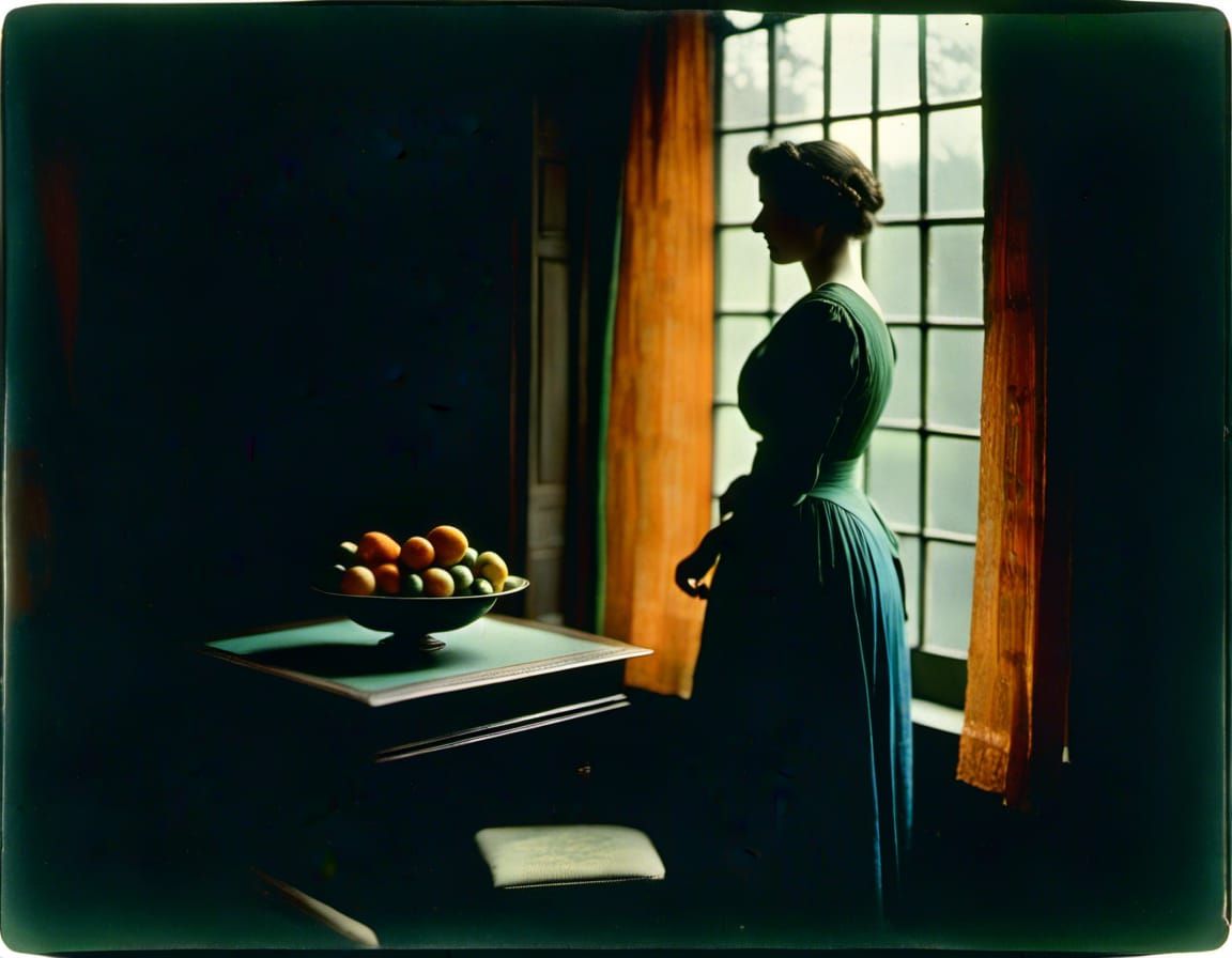 Woman standing by a window, An autochrome is the result of an additive ...