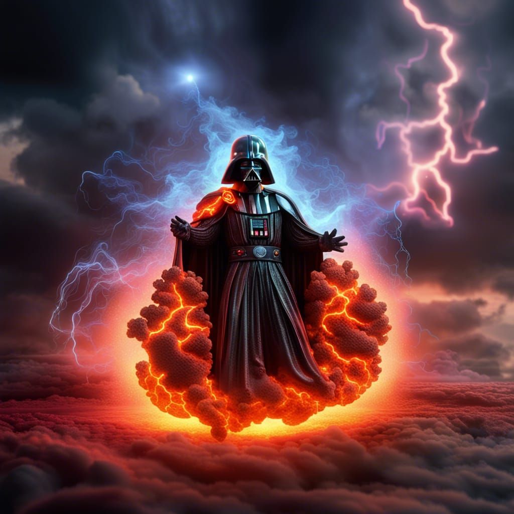 Darth Vater, floating over Fire and lava, ethereal glowing smoke and ...