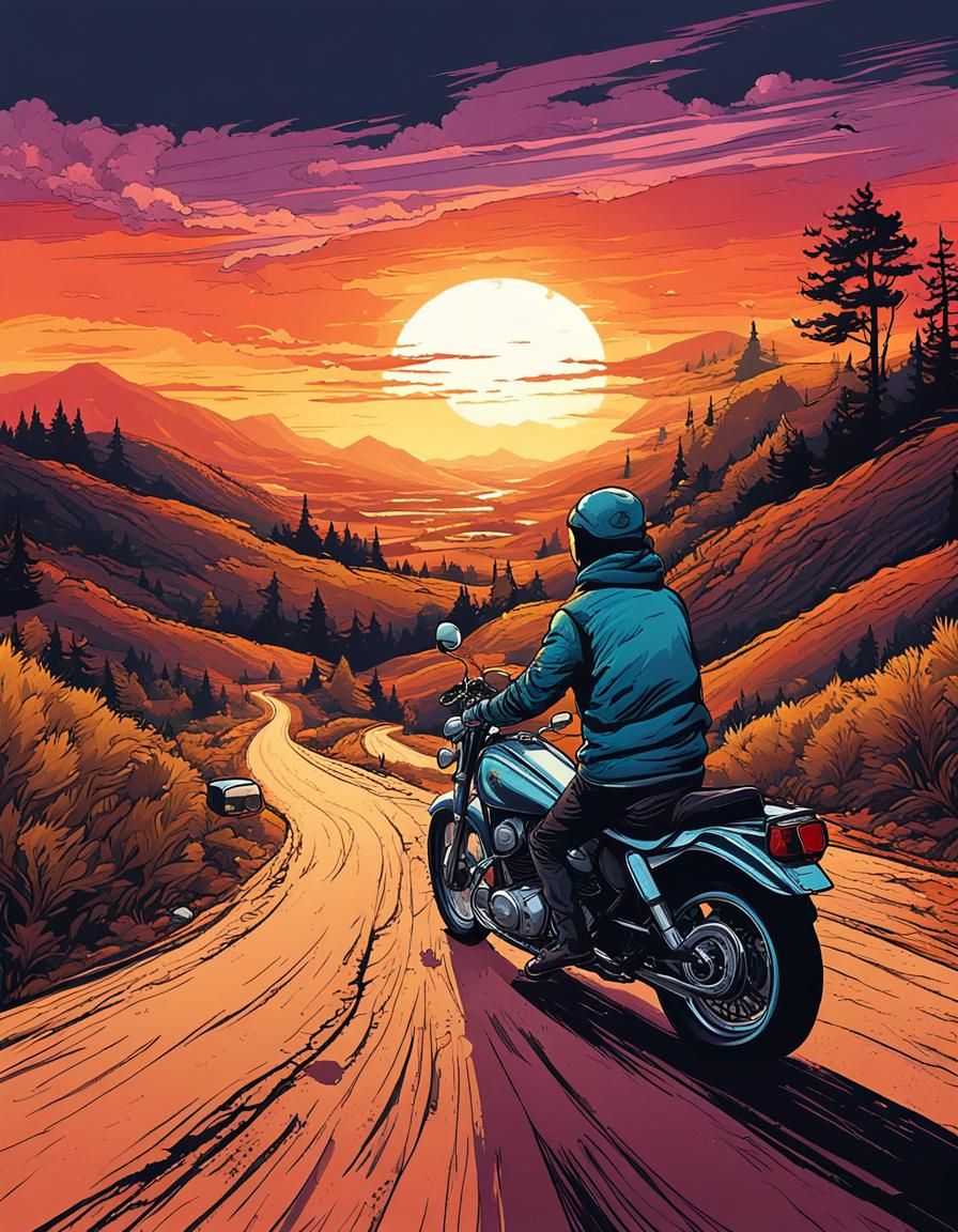 a camping side hill road landscape. with a sunset - AI Generated ...