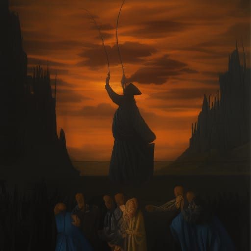 dark, scary, sunset in a fantasy photorealistic, hyper world ...