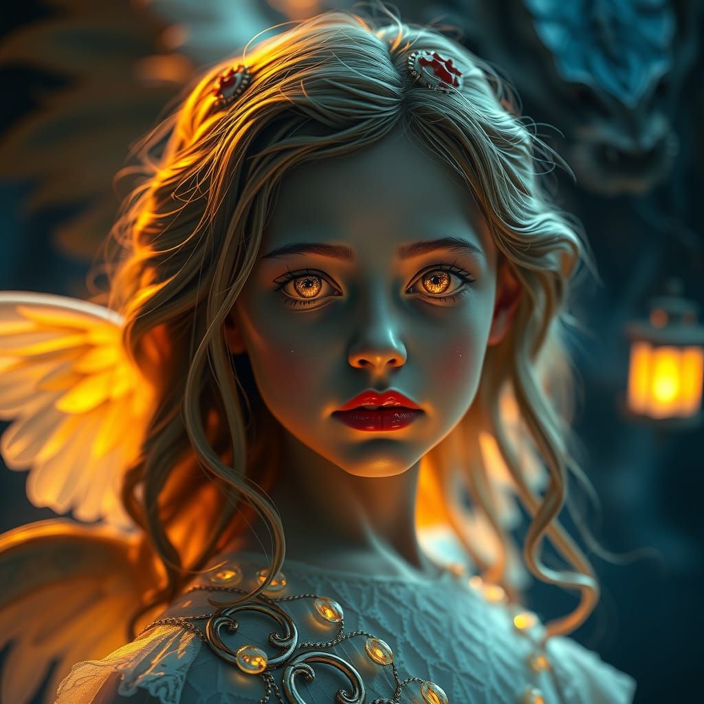 Ethereal Angel Confronts the Dark Beast in a Haunt... - AI Art