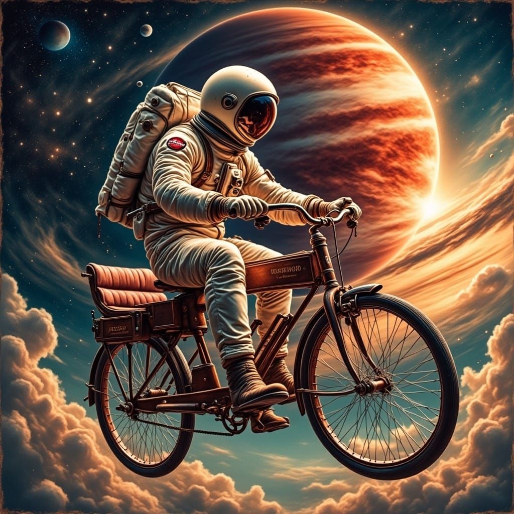 NASA Astonaut orbiting Jupiter on a bicycle.