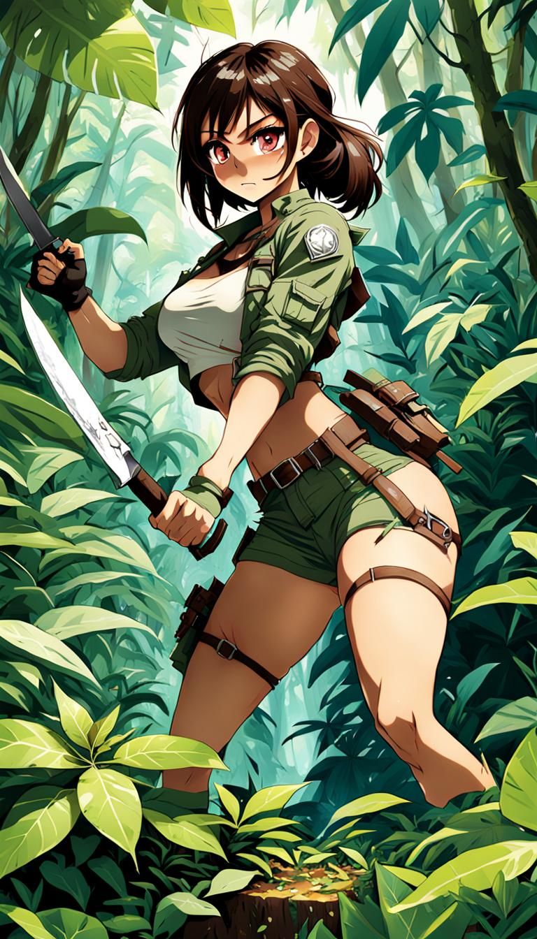 jungle view, cute brunette in tight explorer clothes cuting leafs with machete - AI Generated ...