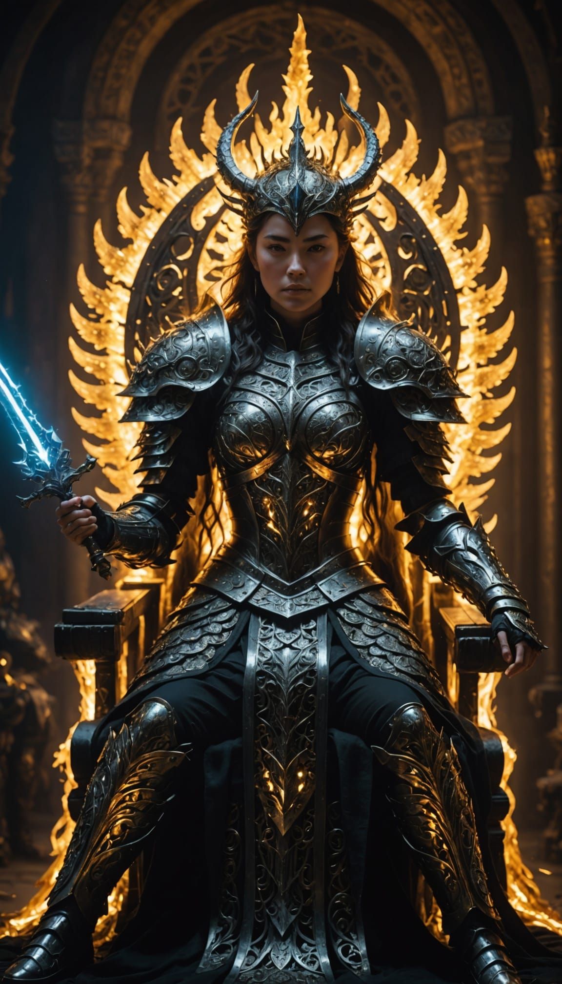 A Women warrior overlord seated on an intricate throne made of glowing ...