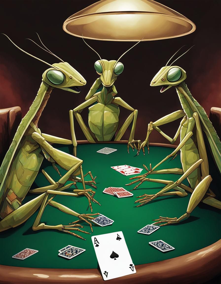 group of 4 praying mantises at a poker table, playing poker - AI ...