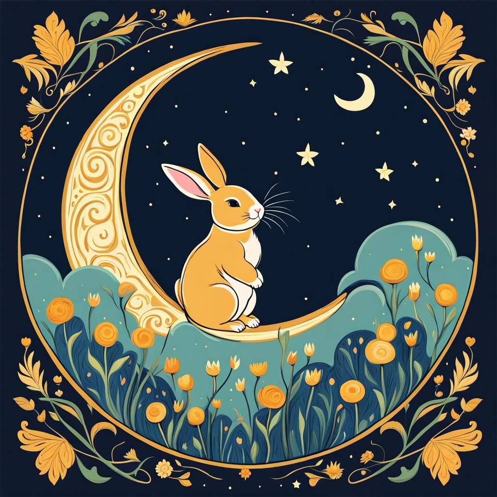 cute little round bunny on a crescent moon, in van gogh style - AI ...