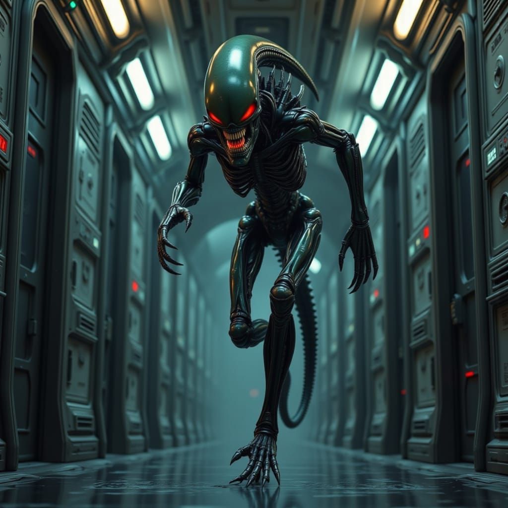 Biopunk Xenomorph Running in Spaceship Hallway - AI Art