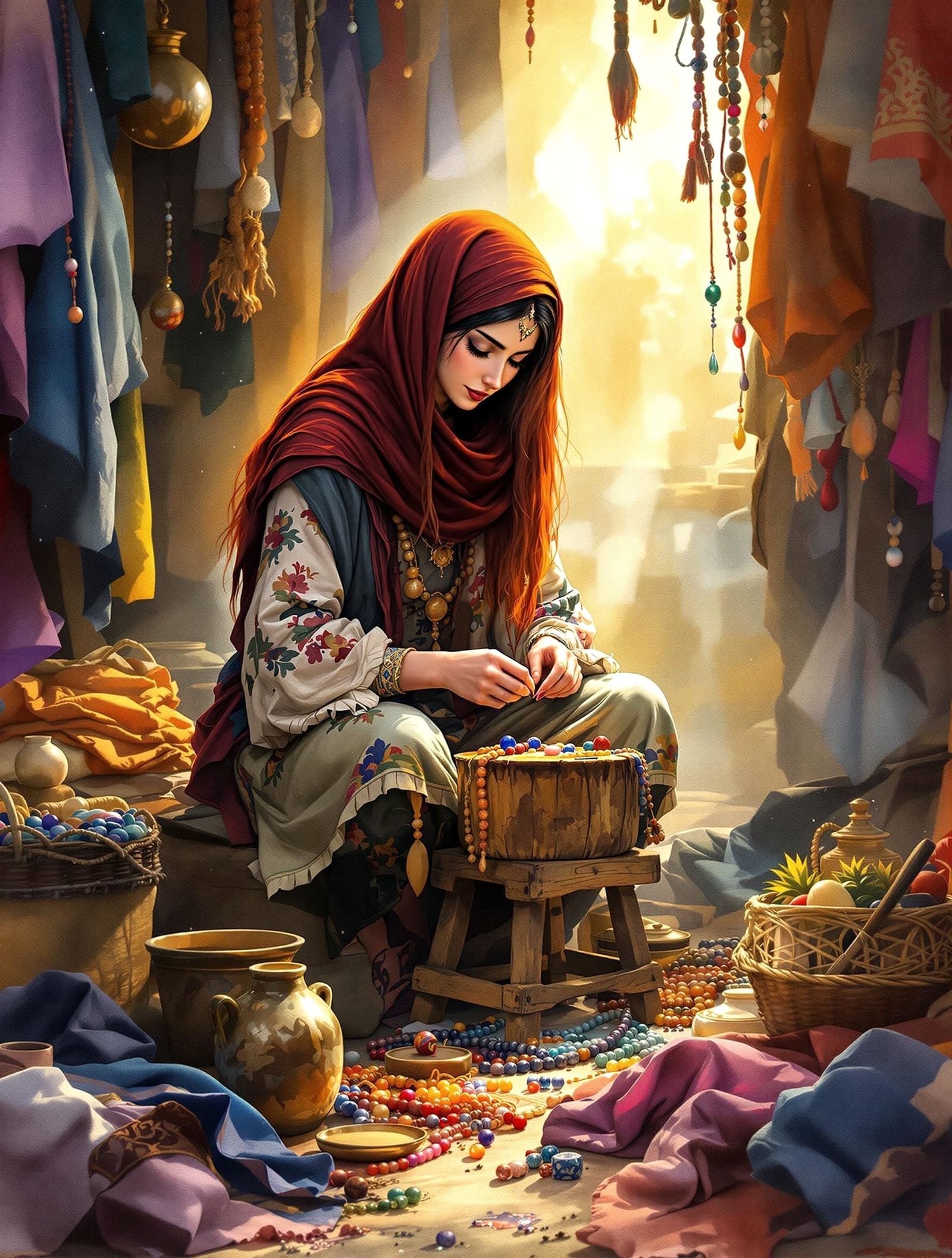 a gypsy woman working intently on her craft....