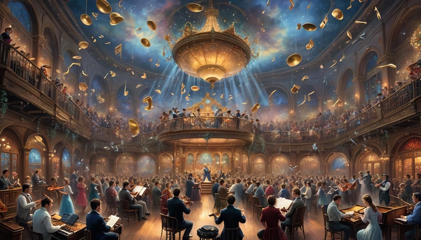 An enchanted music hall filled with floating musical notes and ...