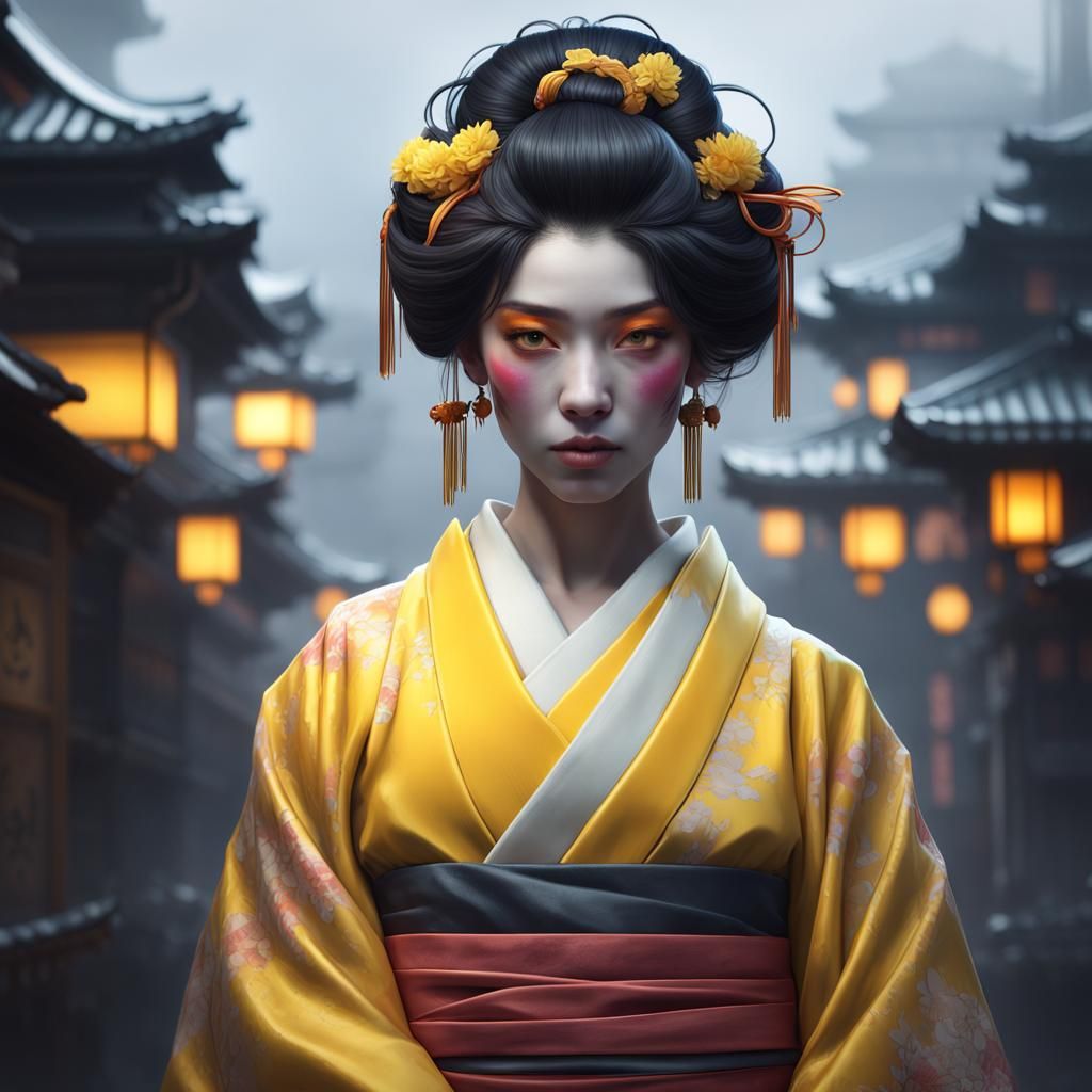 young geisha, yellow, dawn, fog head and shoulders portrait, 8k ...