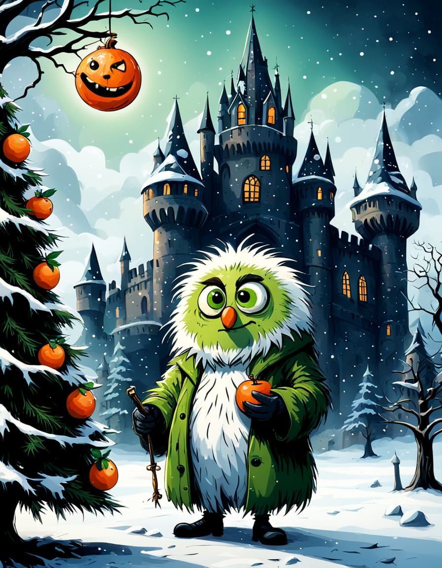 christmas grouch in front of his castle
