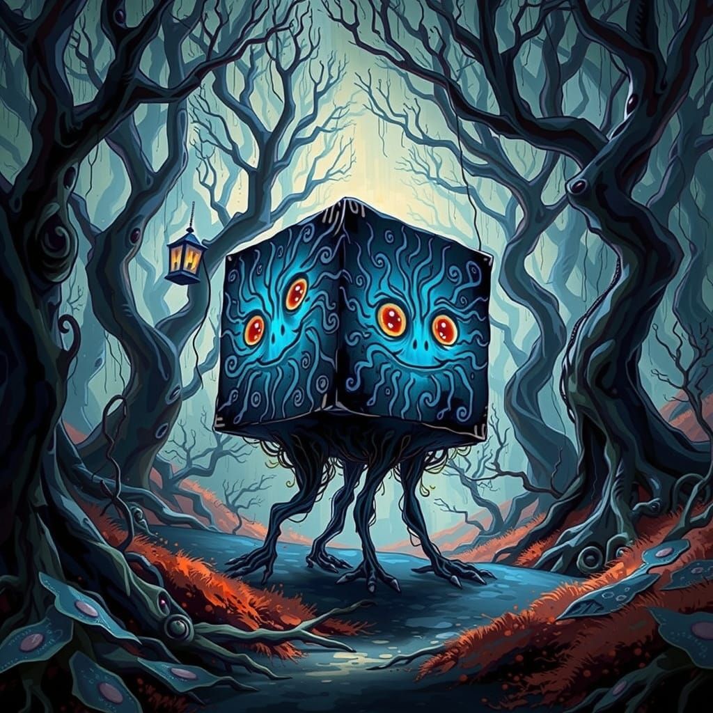 Cube-Shaped Being Wanders Surreal Forest - AI Art