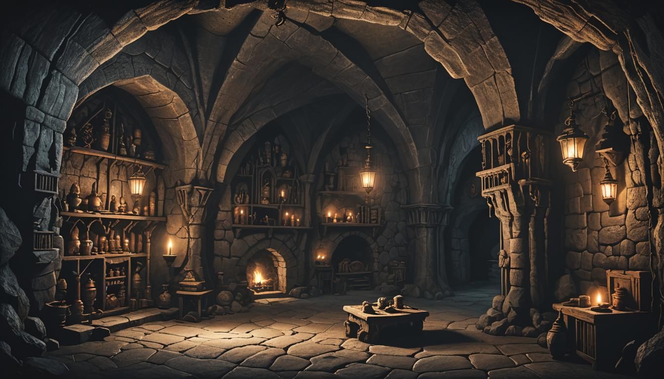 a dark and shadowy, Medieval Lair, - AI Generated Artwork - NightCafe ...