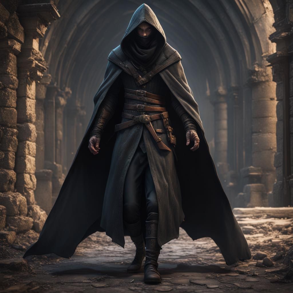 Mysterious Medieval Assassin Wearing A Black Hooded Long Coat Ai Generated Artwork