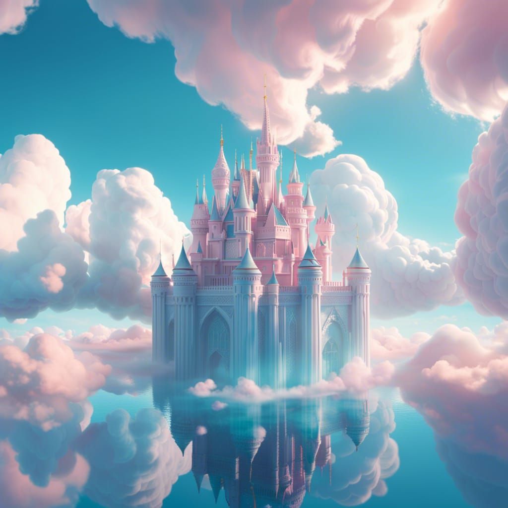 magical disney princess castle made as cloud in the clouds, surreal 3d ...