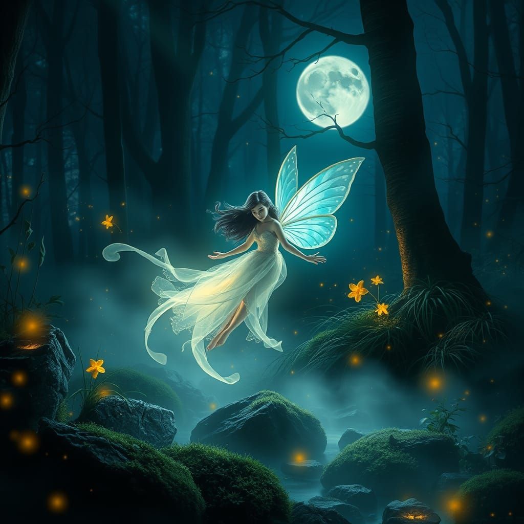 ultra beautiful diminutive moonbeam woman sprite, floating through a ...