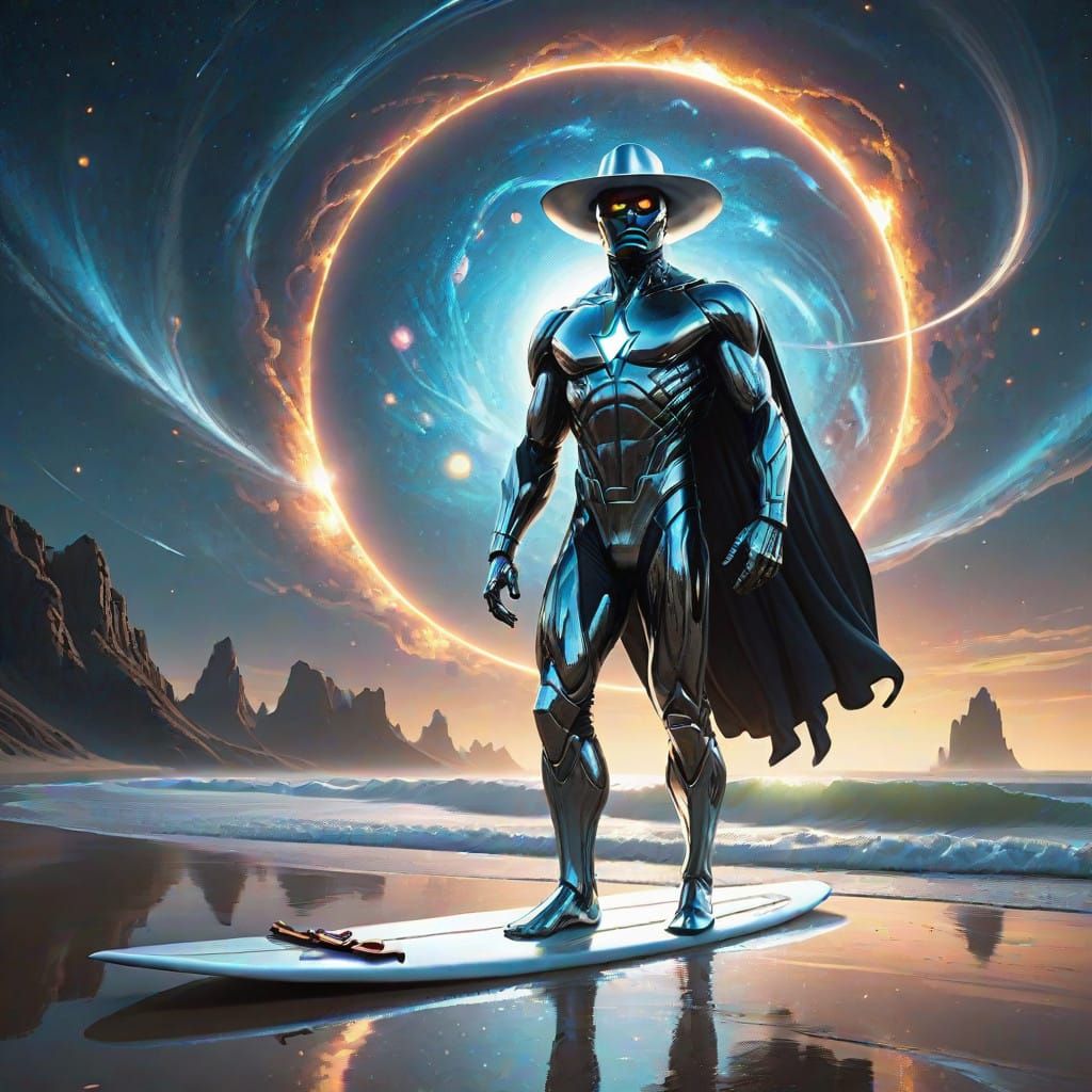 Silver Surfer Rides Cosmic Surfboard through Milky... - AI Art