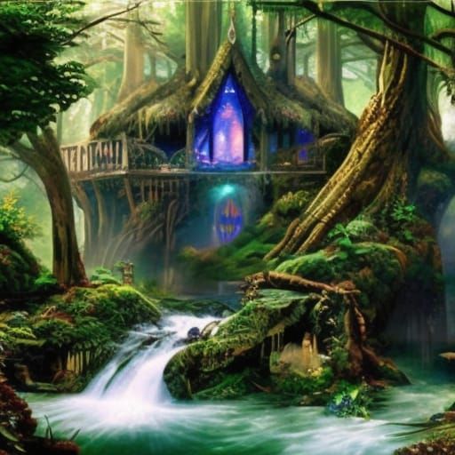 Crystal Treehouse, Beautiful, elven forest with waterfall... - AI ...