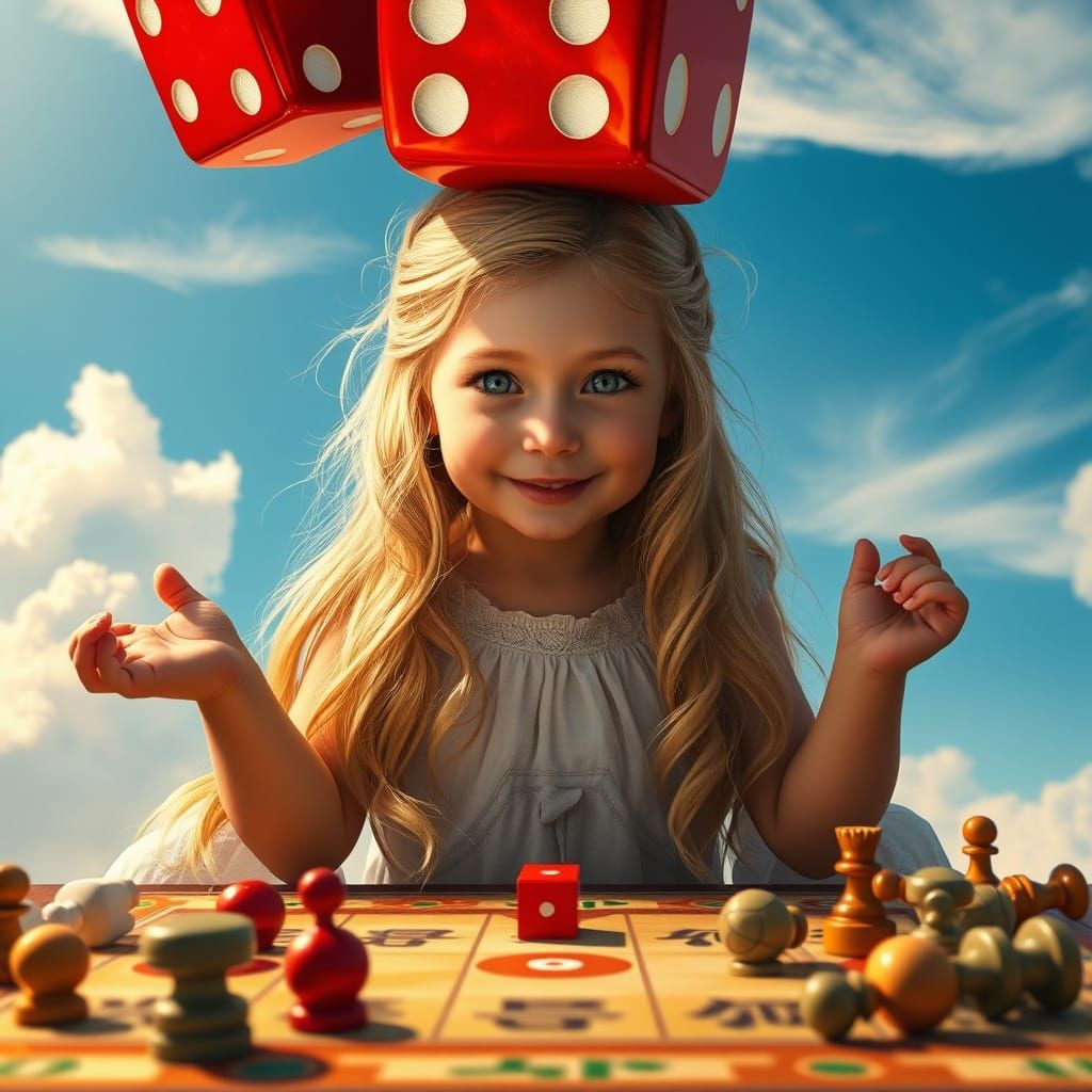 Rosy-Cheeked Girl Holds Glowing Red Game Die in Go... - AI Art