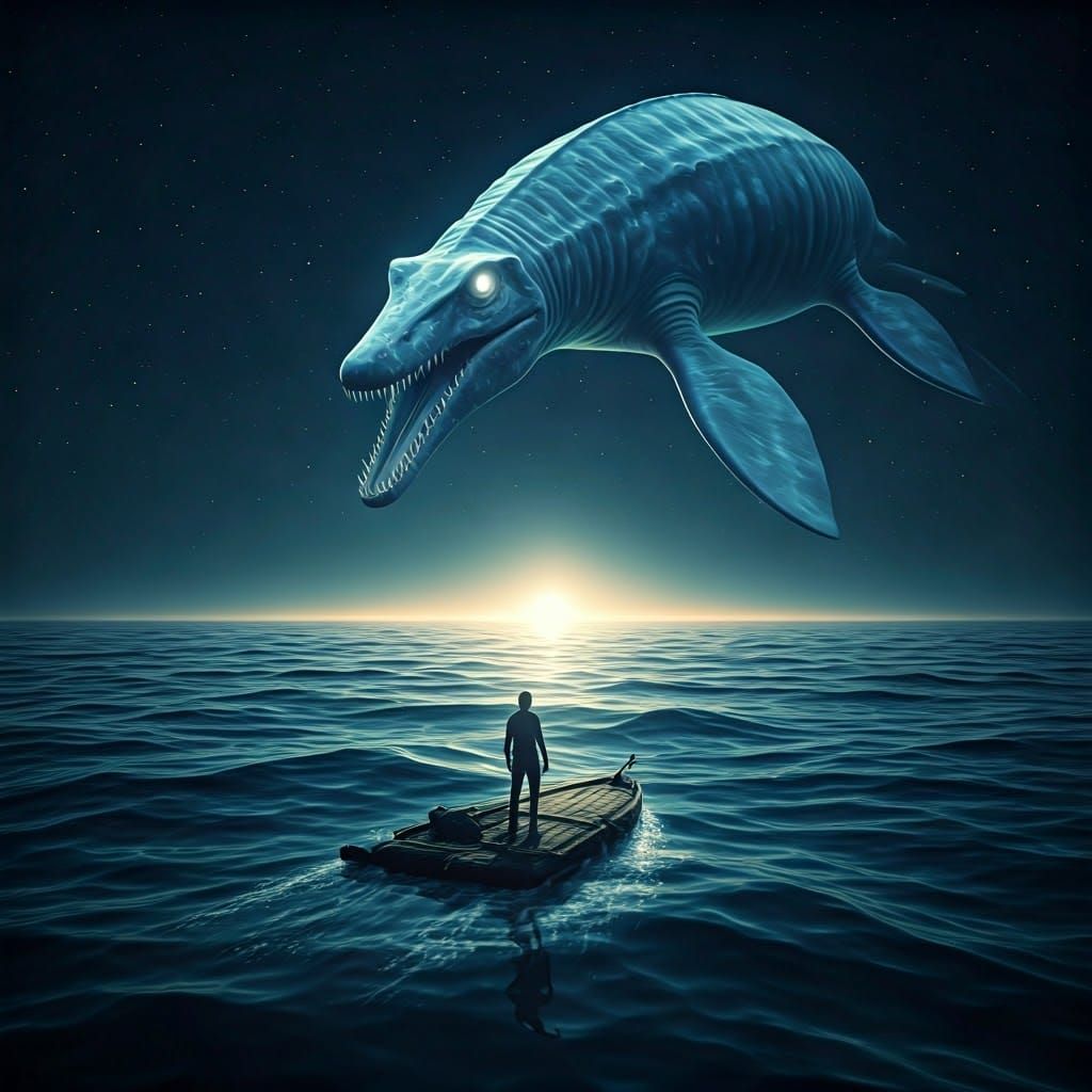 Ghostly Mosasaur Emerges from Pacific Ocean Darkne... - AI Art