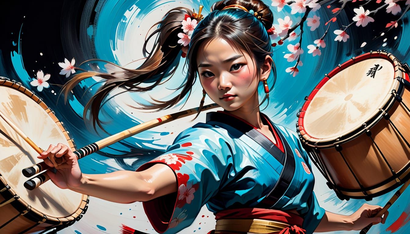 A Japanese woman performing taiko dance in a spinning pose