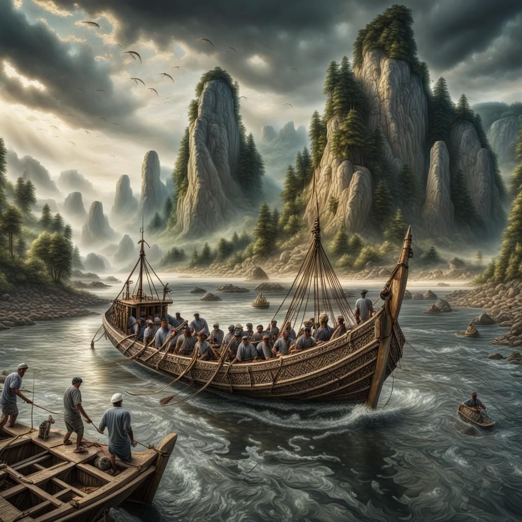 giant boat with many fishermen catching many fish in a landscape - AI ...