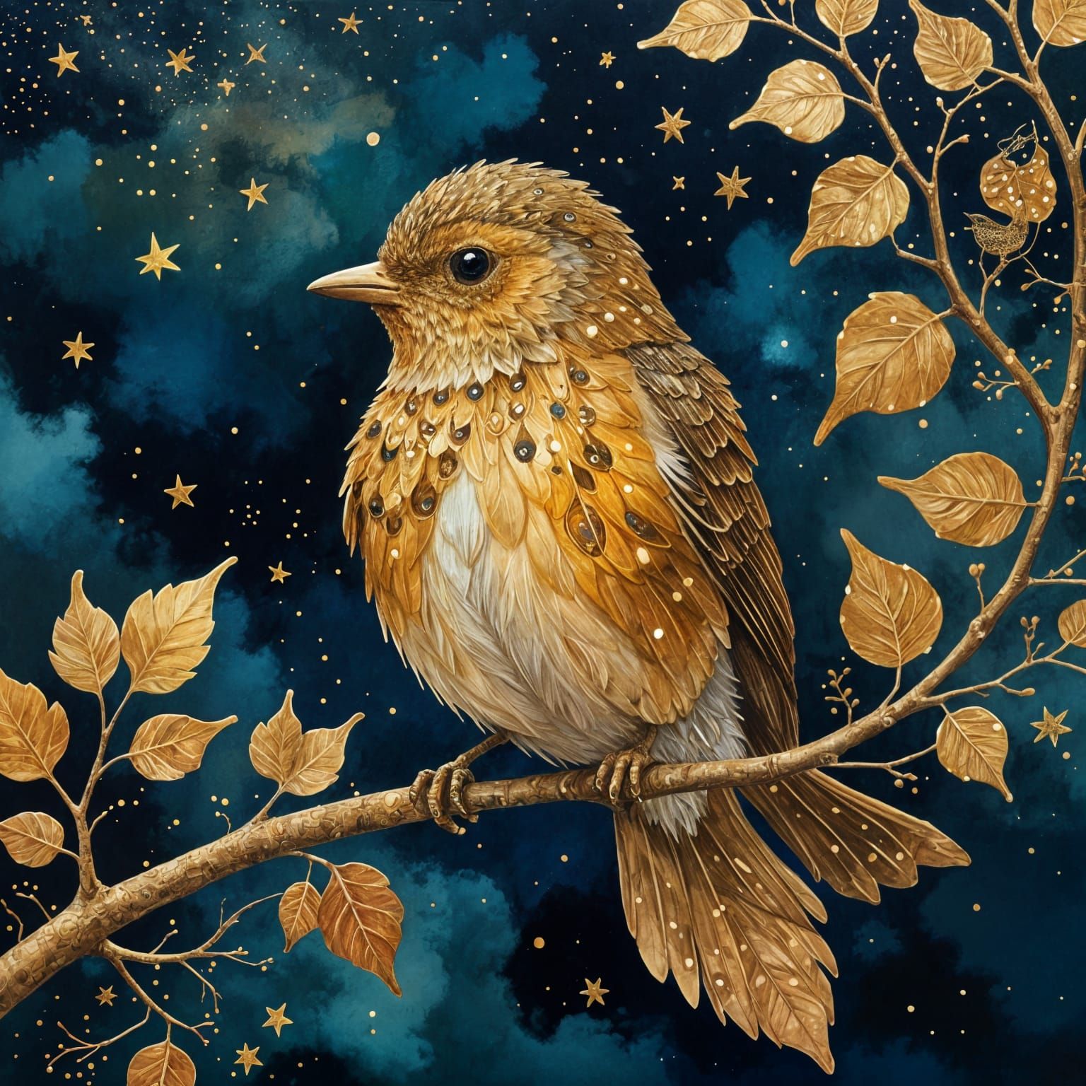 Gold bird in starry night - Songbird Soaring Through Starry ...