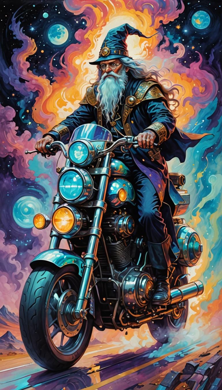 A wizard riding a futuristic motorcycle. Julia Pott post-impressionism ...