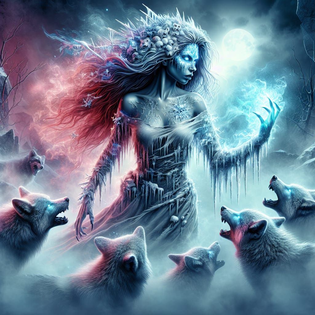 The image is of a spectral woman coming out of the fog with a pack of ...