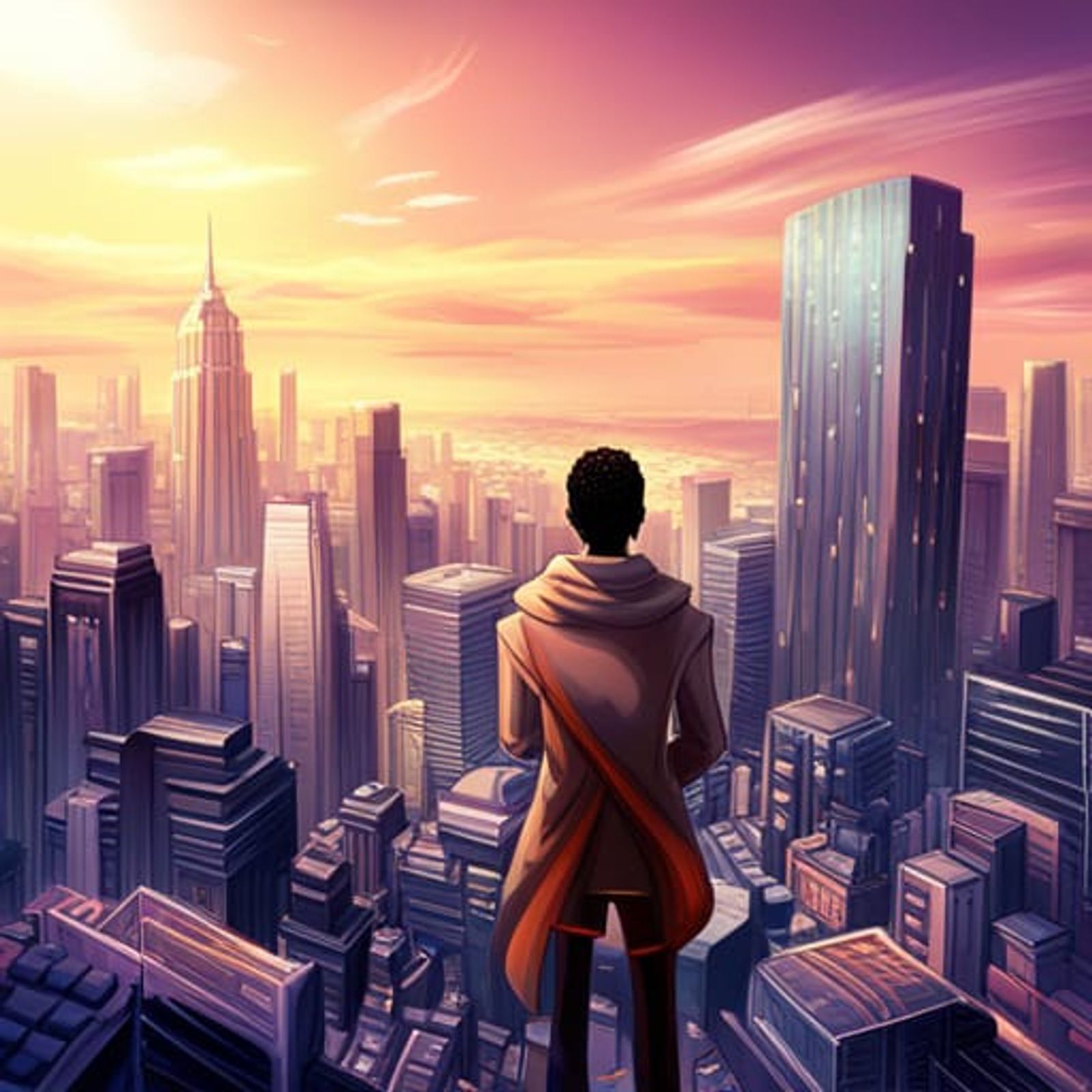 anime style groundbreaking open in front of black hero style male and ...