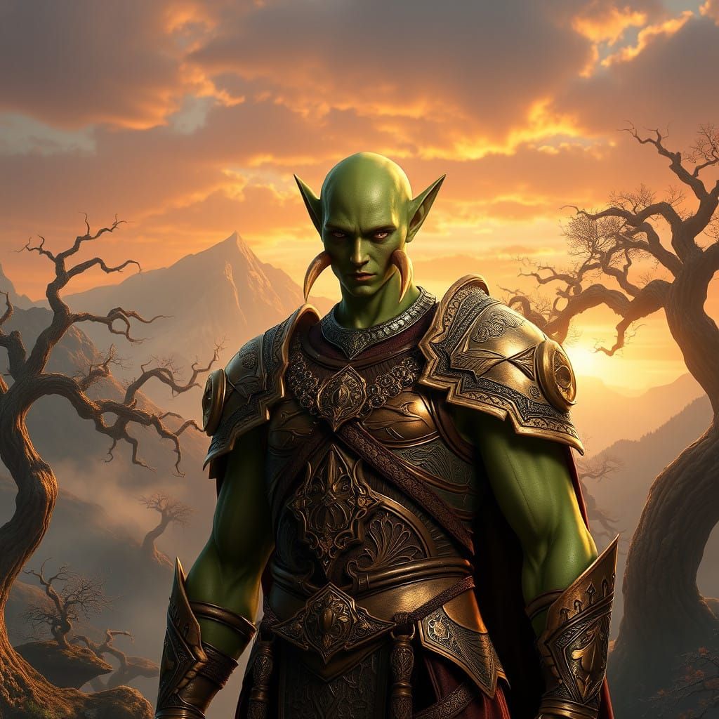 Elegant, Muscular Warrior with Golden-Green Skin a... - AI Art