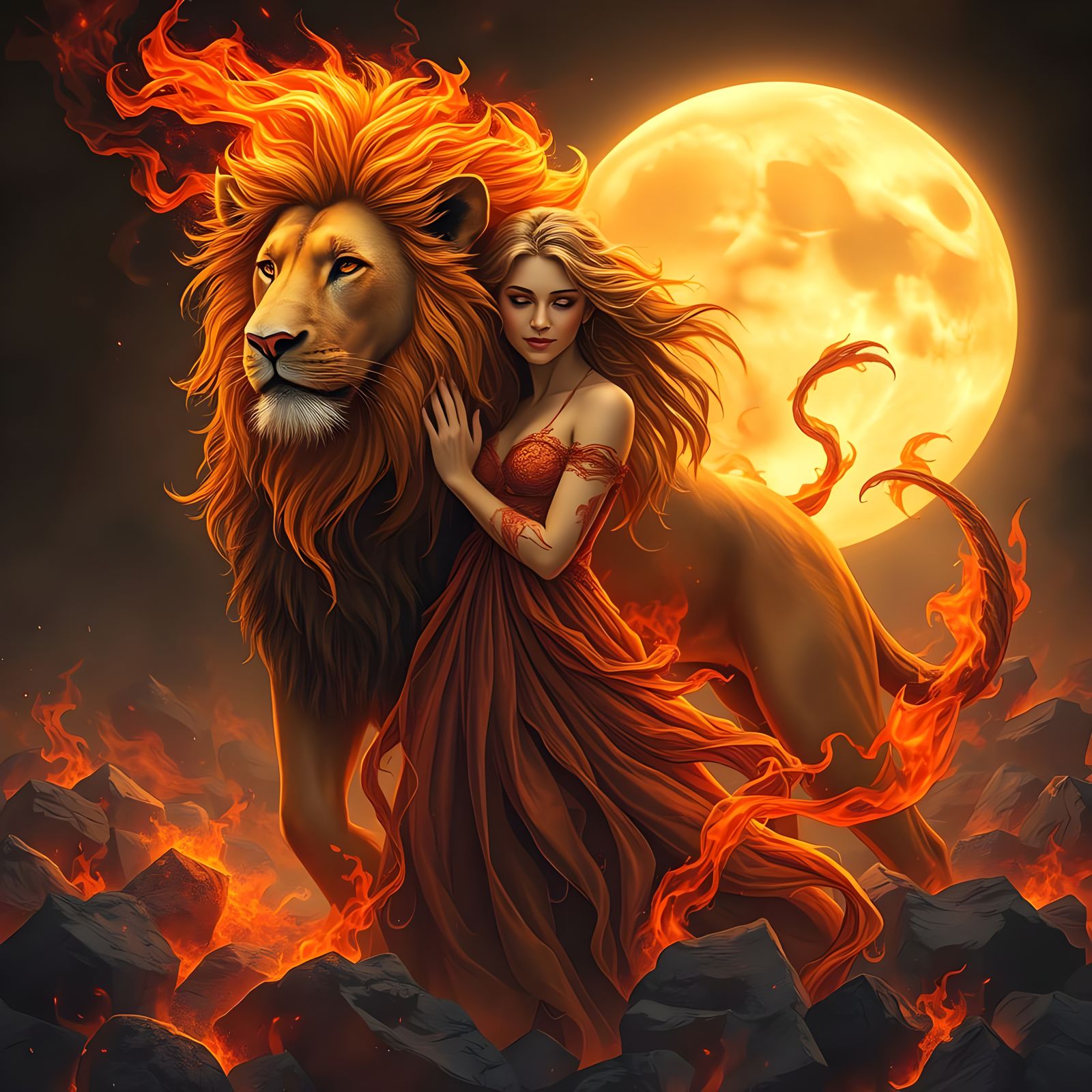 Elemental fire faery and Fire Lion under the Leo Full Moon