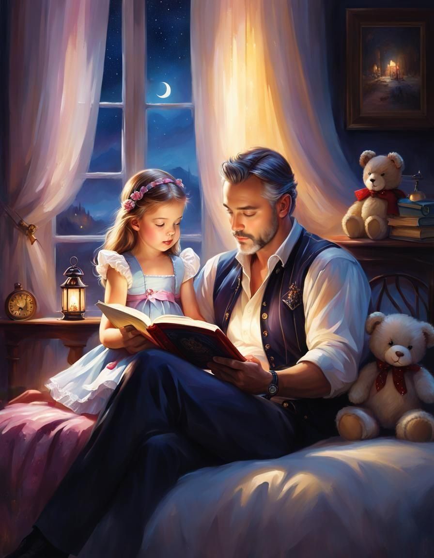 Reading a bedtime story with dad - AI Generated Artwork - NightCafe Creator