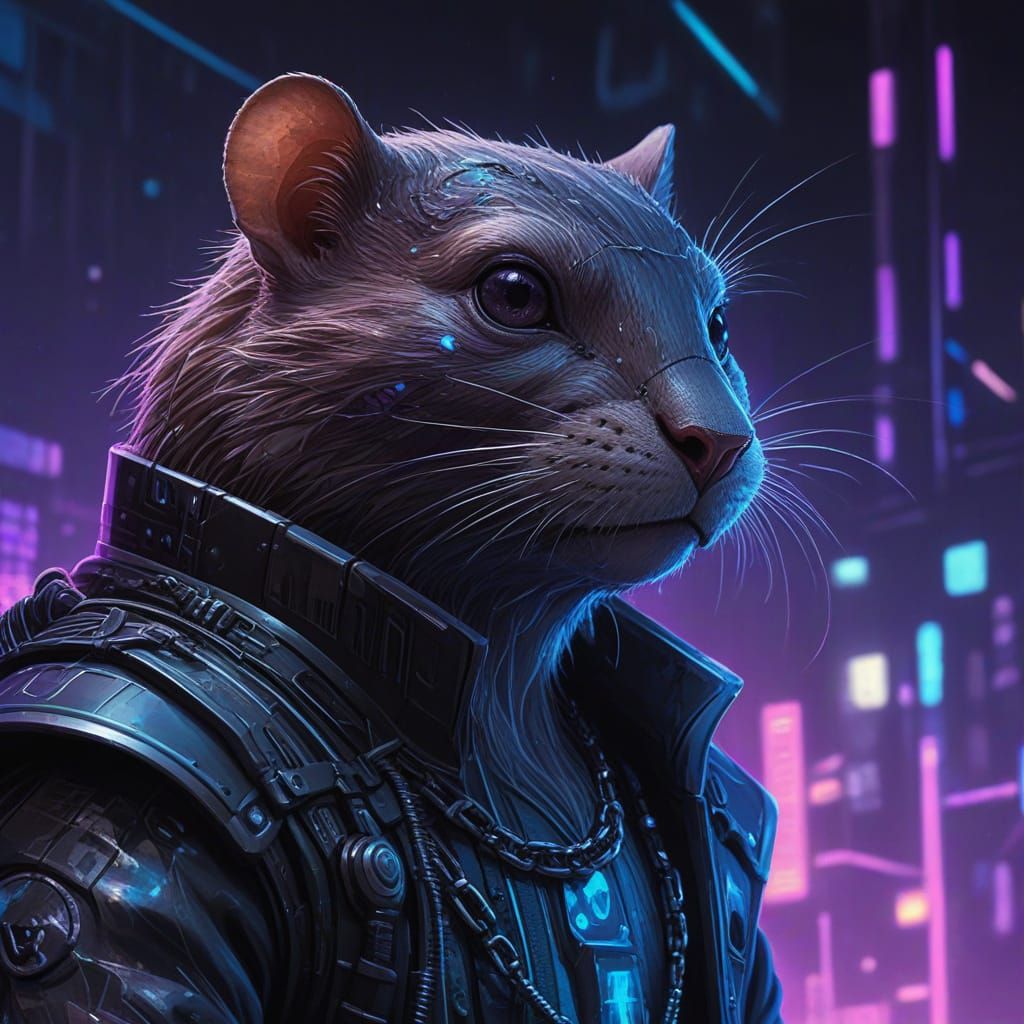 Cosmic Muskrat in Neon Haze, Cyberpunk Digital Art - AI Art