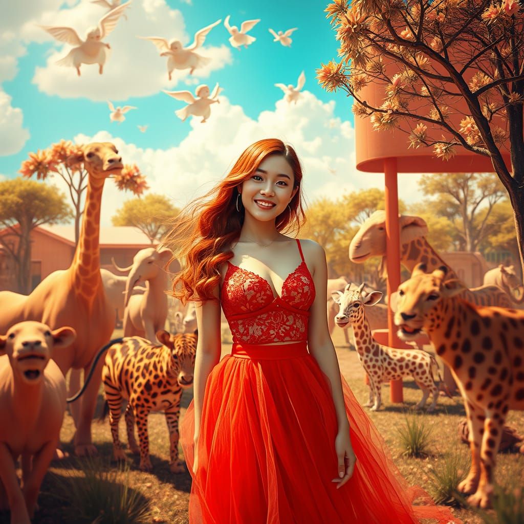 A smiling young Asian woman with red hair in a flowing red tulle skirt and delicate red lace bra ...