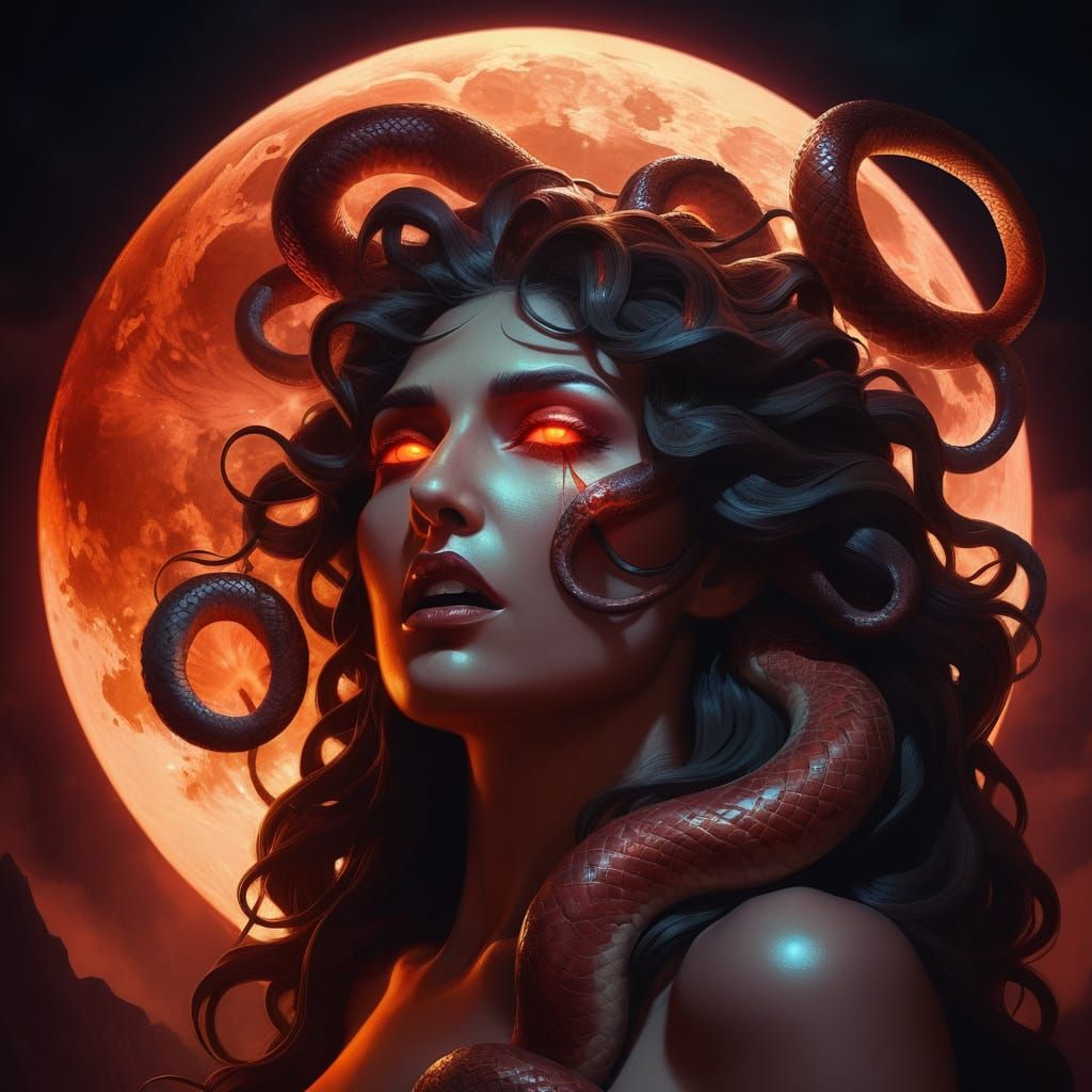 Dark Fantasy Gorgon Medusa Under Blood Moon - AI Art