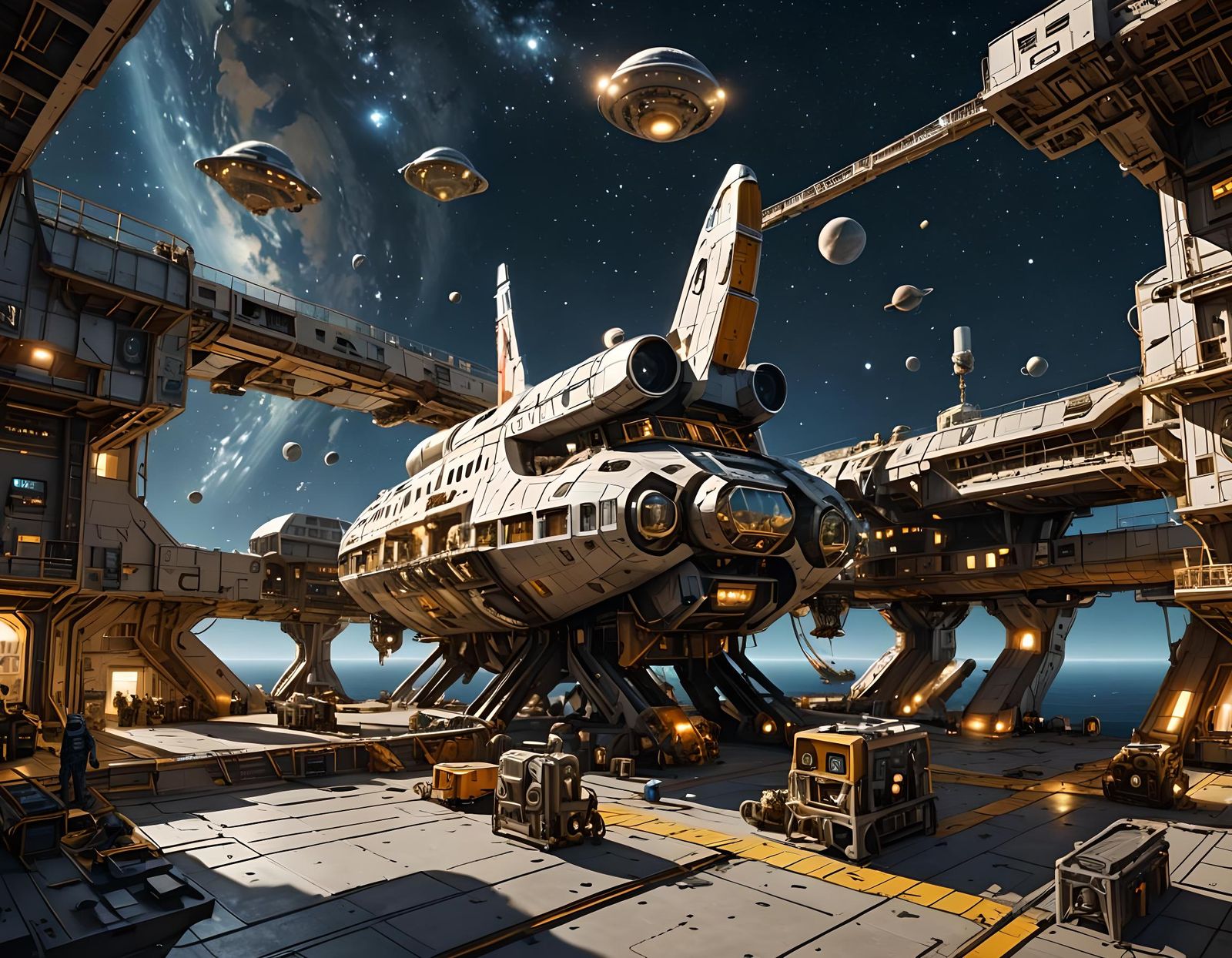 A celestial flying harbor in the orbit of an extraterrestrial planet. A ...