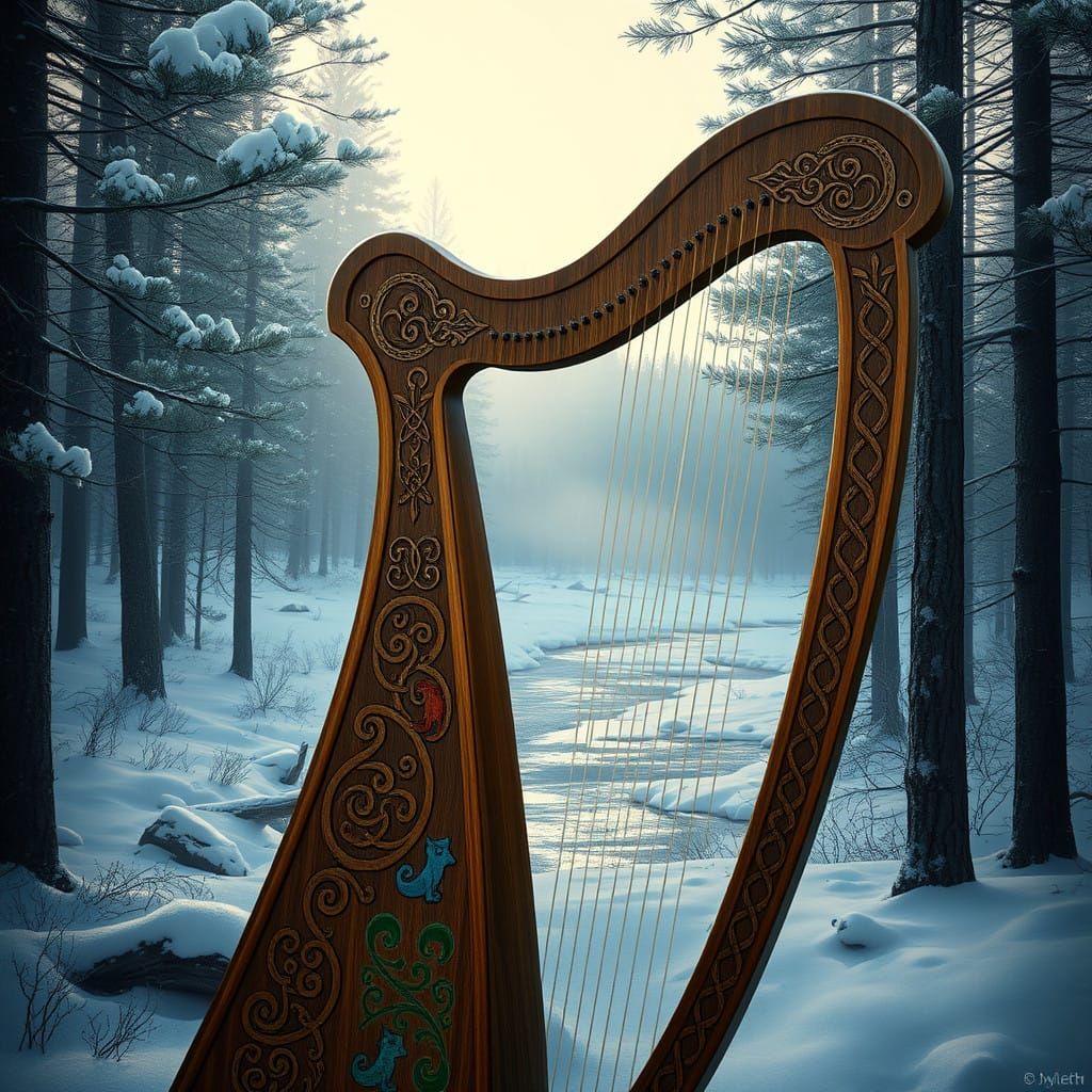 Surreal Irish Harp Landscape in Mystic Winter Fore... - AI Art