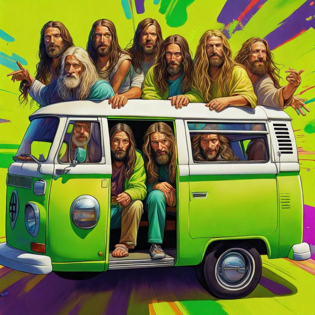 eleven long-haired friends a' Jesus In a chartreuse microbus - AI ...
