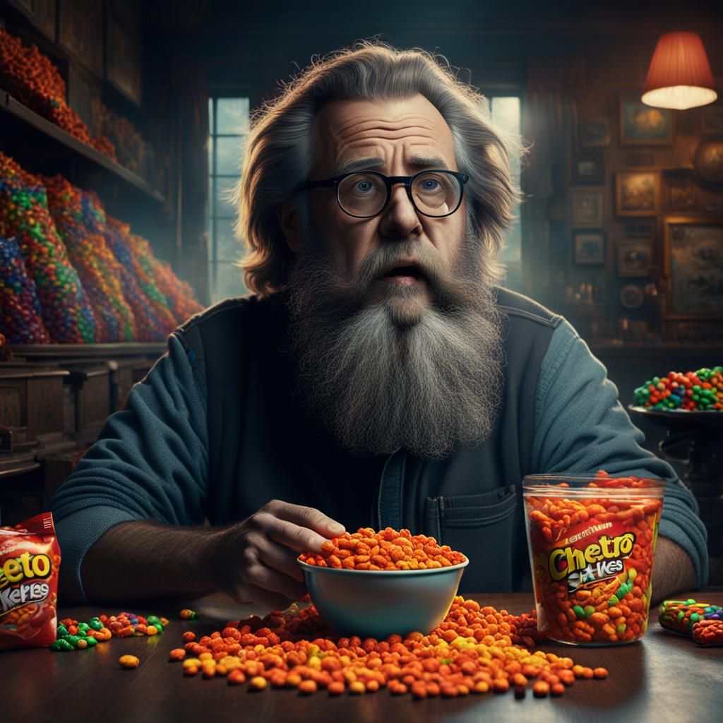 Man wearing glasses and a heavy beard eating Skittles and Cheetos - AI ...