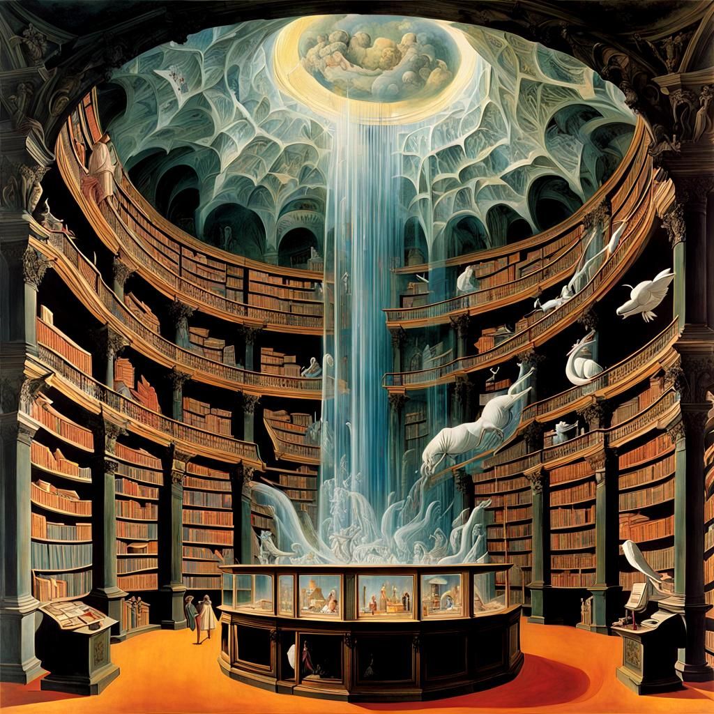 A colossal library carved from a giant crystal formation, with ...