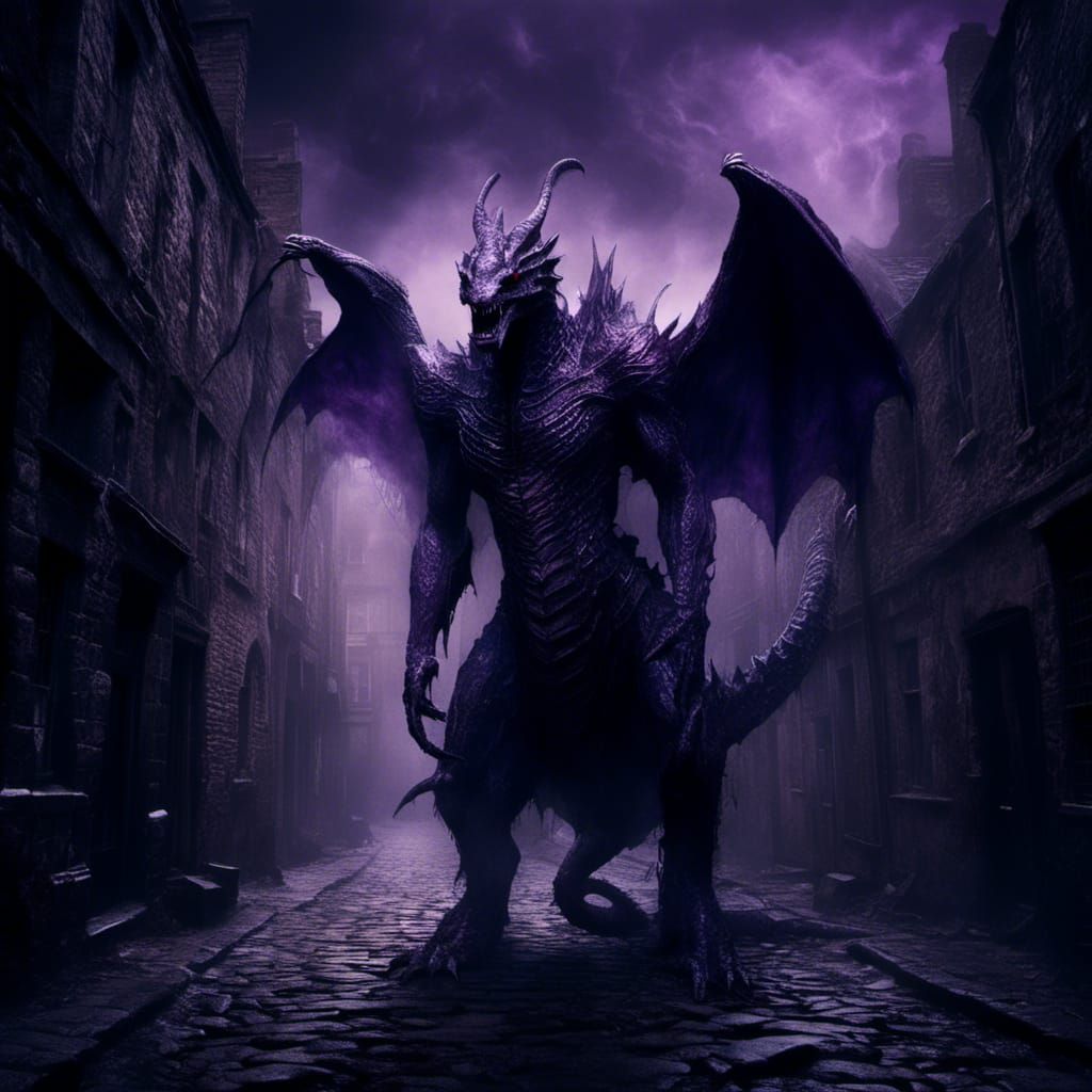 Purple Dragon-Man Hybrid in Dark Victorian Alley - AI Art