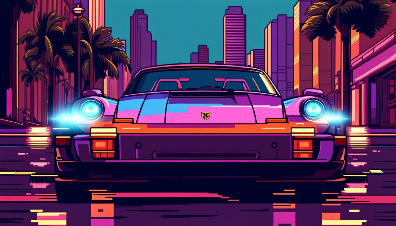 Pixel-Art of a Porsche car in a beautiful California scenery, 8-BIT 16 ...