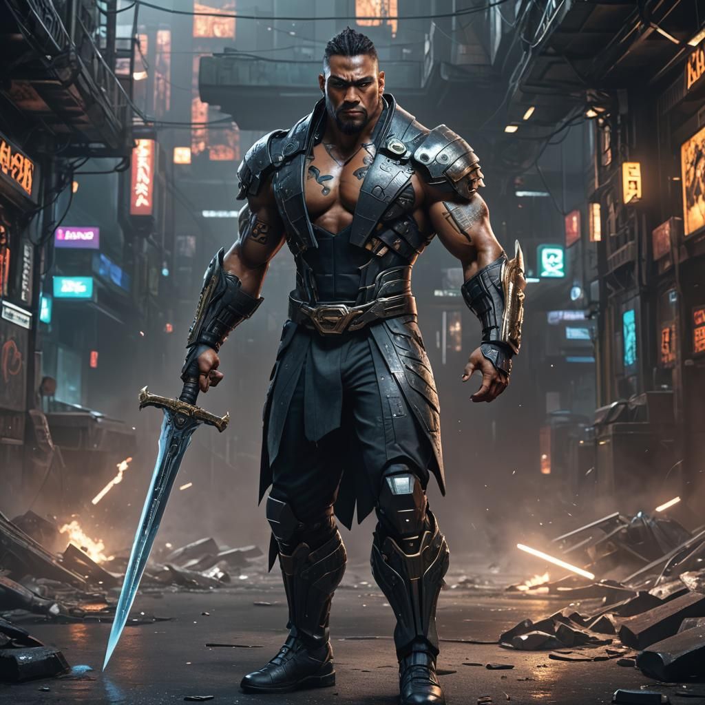 A tall muscular cyberpunk Samoan man, who is wearing a smart suit. He ...