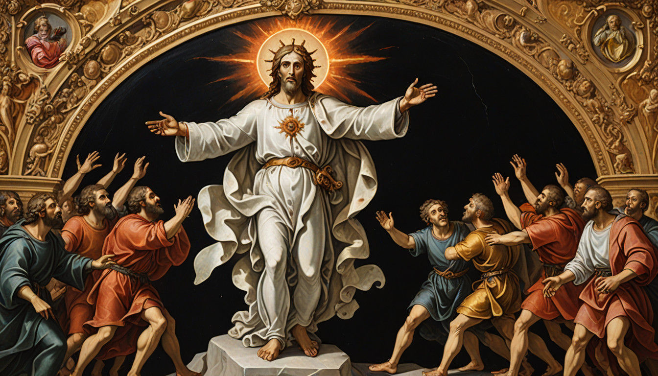 a baroque style fresco depicting the Son of Man in hell releasing the ...