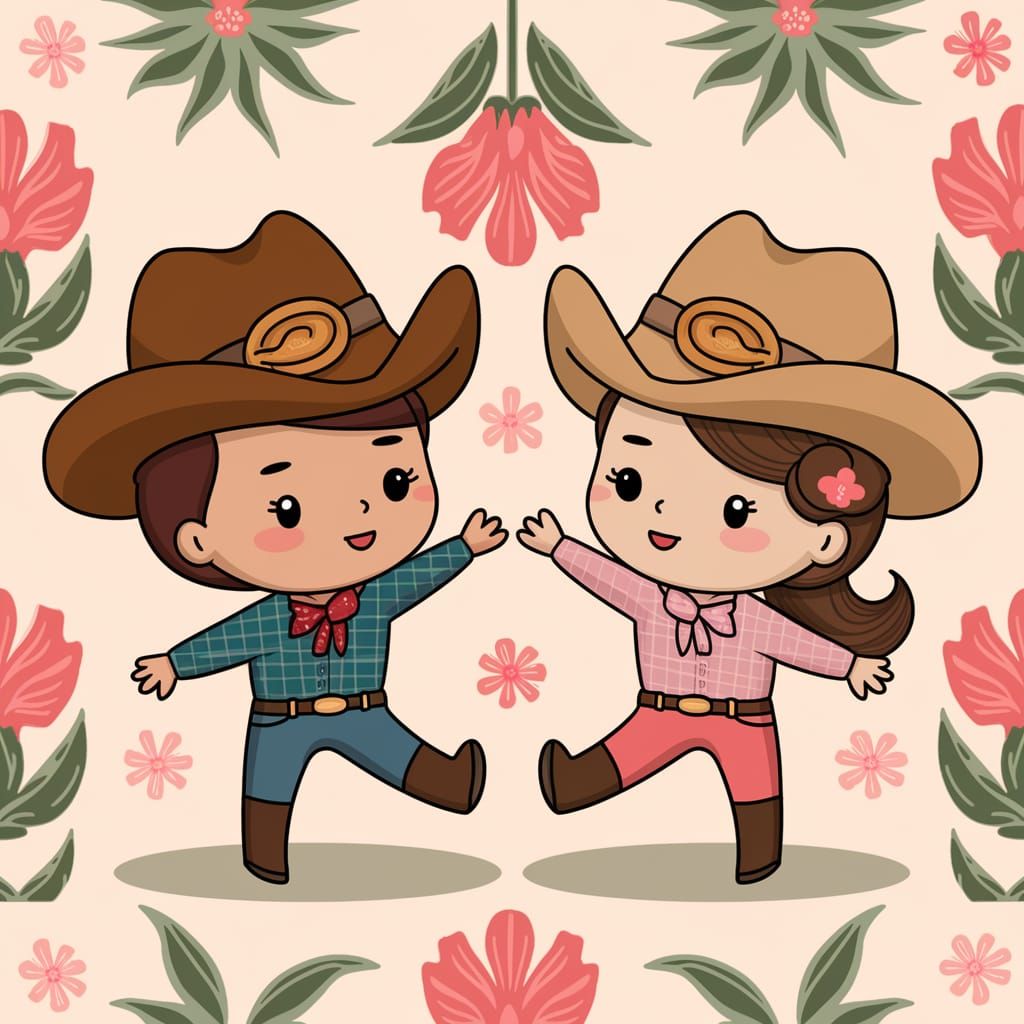 Chibi Western Characters Dance in Vibrant Floral S... - AI Art