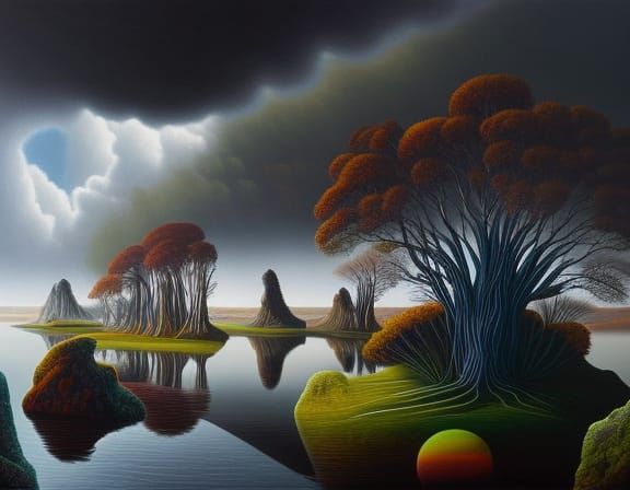 Insanely detailed hyperrealistic painting of a strange and eerie landscape, characterized by ...