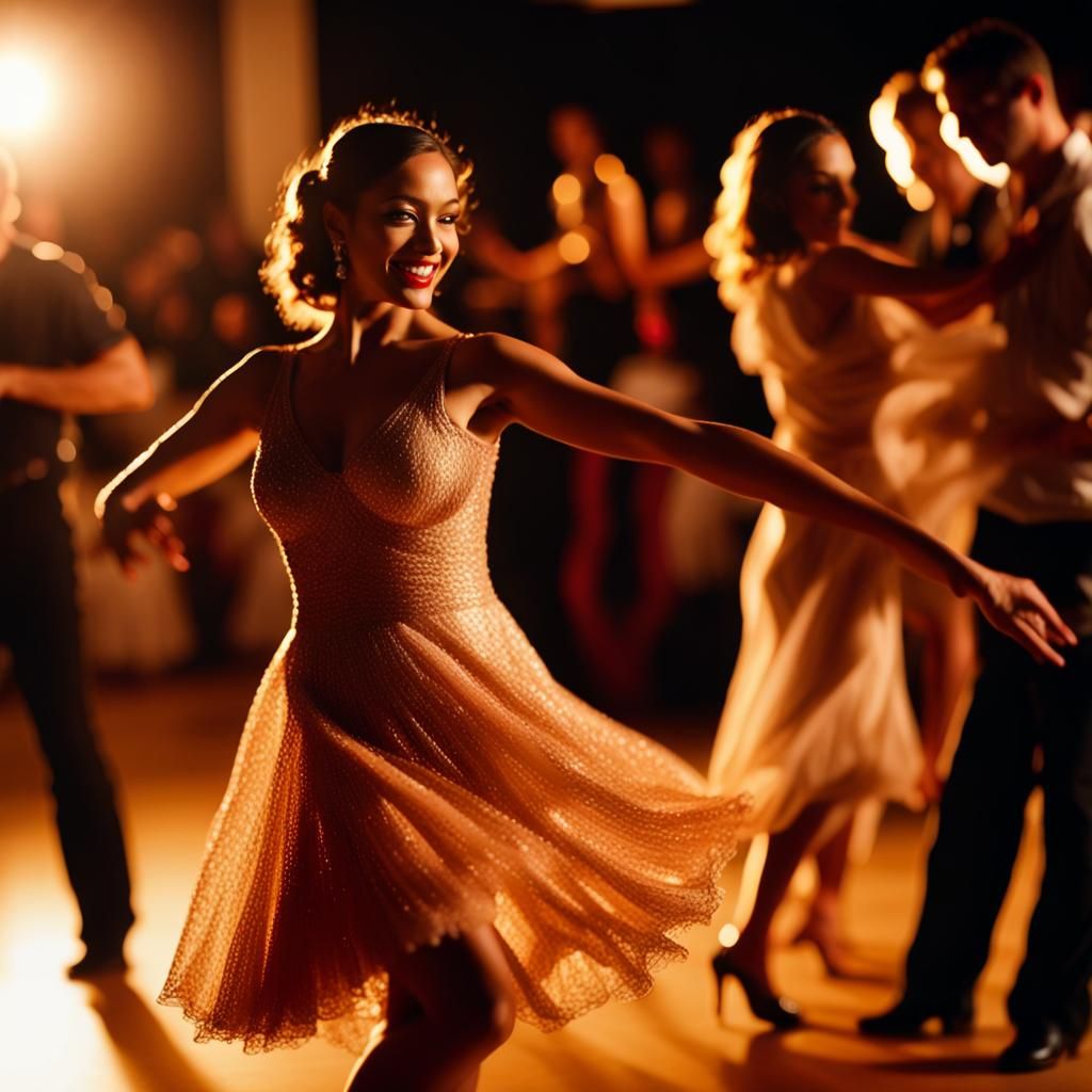 passionate salsa dancer, twirling dress, shadows, camera flash light from the audience , tilt ...